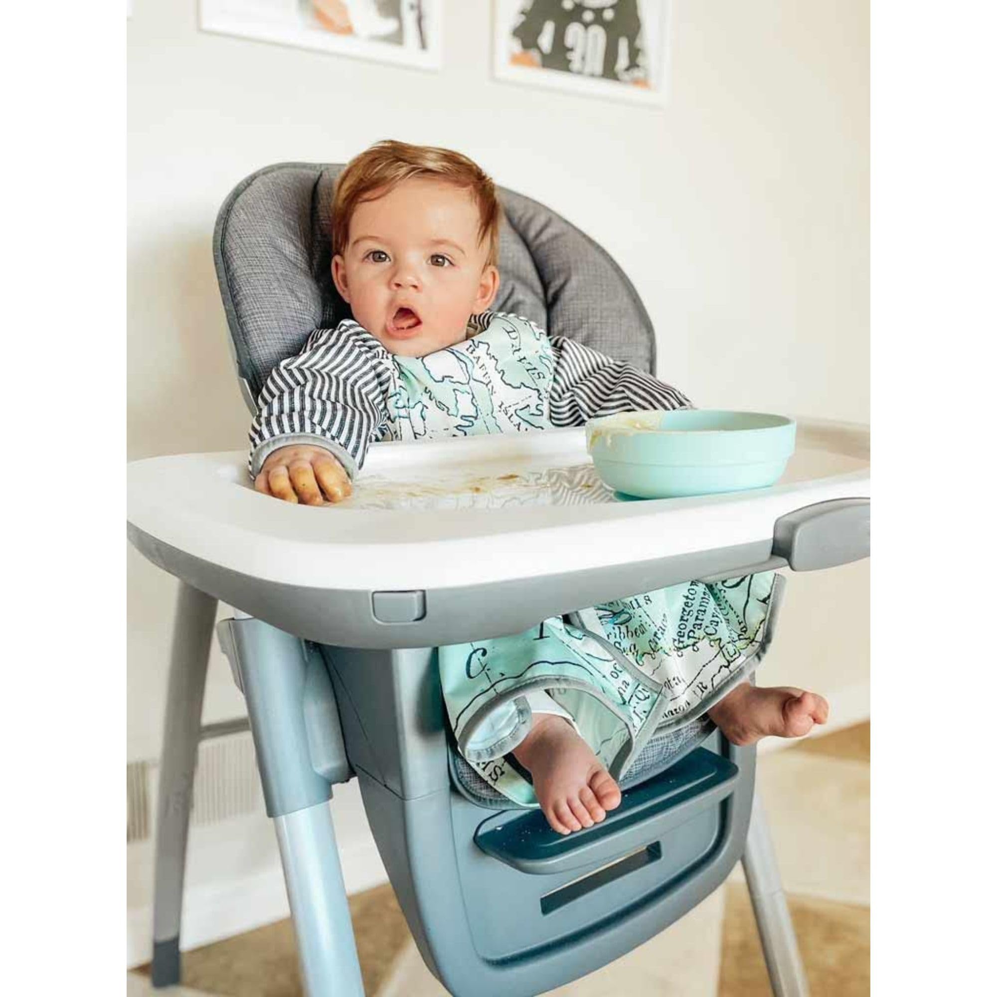 Bibbrella Long Sleeve Bibs for Messy Eaters, Full Coverage Bibs For Baby and Toddlers, Baby Led Weaning Bibs 6m-3y, Toddler Bibs 1-3 years Waterproof Bibs, Blue Map