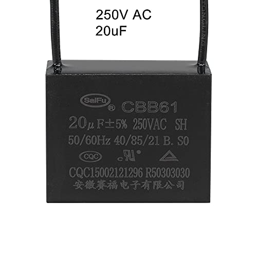 uxcell Ceiling Fan Capacitor CBB61 20uF 250V AC 2 Wires Metallized Polypropylene Film Capacitor 48x38x26mm for Electric Fan Pump Motor Generator 2Pcs
