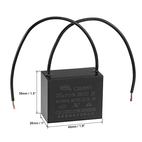 uxcell Ceiling Fan Capacitor CBB61 20uF 250V AC 2 Wires Metallized Polypropylene Film Capacitor 48x38x26mm for Electric Fan Pump Motor Generator 2Pcs