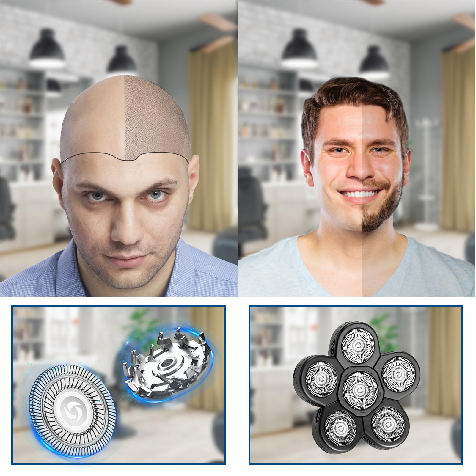 6 Men's Electric Shaver Replacement Heads, Electric Rotary Shavers Beard Razor Bald Shaver Heads with Cleaning Brush for Men