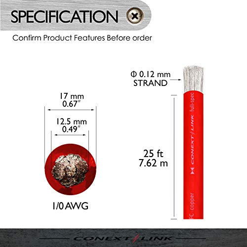 Conext Link 25 FT 1/0 AWG 0 GA Full Gauge Battery Power Cable Ground Wire Frost Red OFC Copper (10047)