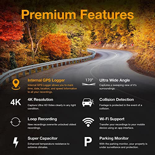Rexing V1GW-4K Ultra HD Car Dash Cam w/Built-in GPS Logger, 2.4" LCD Screen,Wi-Fi,170° Wide Angle Dashboard Camera Recorder with G-Sensor, WDR, Loop Recording, Supercapacitor, Mobile App, up to 256GB