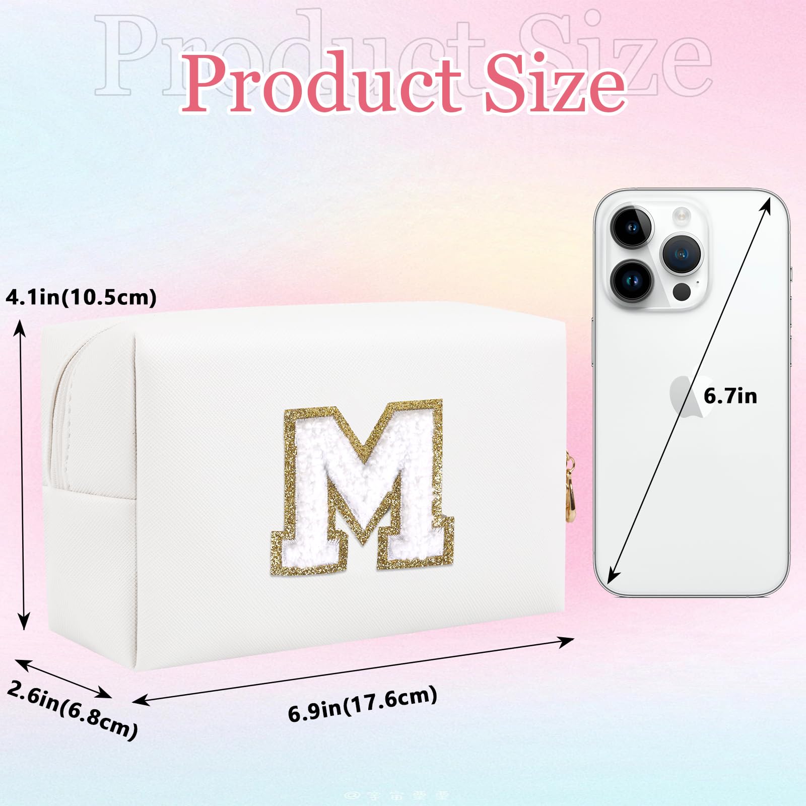 HENGNI Small Personalized Letter Makeup Bag, Cute PU Leather Chenille Letters Cosmetic Bag Travel Makeup Pouch, Preppy Travel Organizer Zipper Pouch for Women&Girls(White-M)