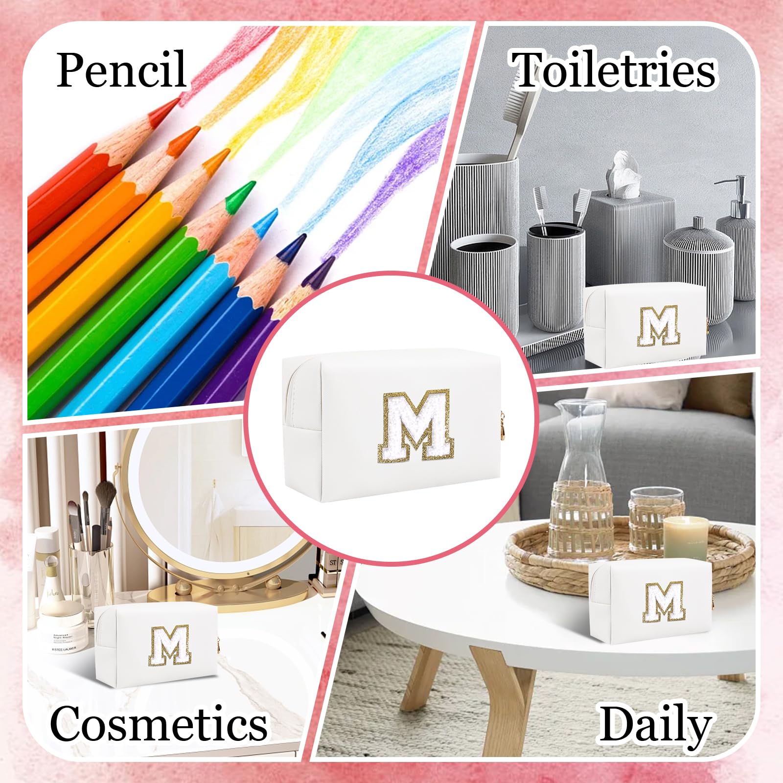 HENGNI Small Personalized Letter Makeup Bag, Cute PU Leather Chenille Letters Cosmetic Bag Travel Makeup Pouch, Preppy Travel Organizer Zipper Pouch for Women&Girls(White-M)