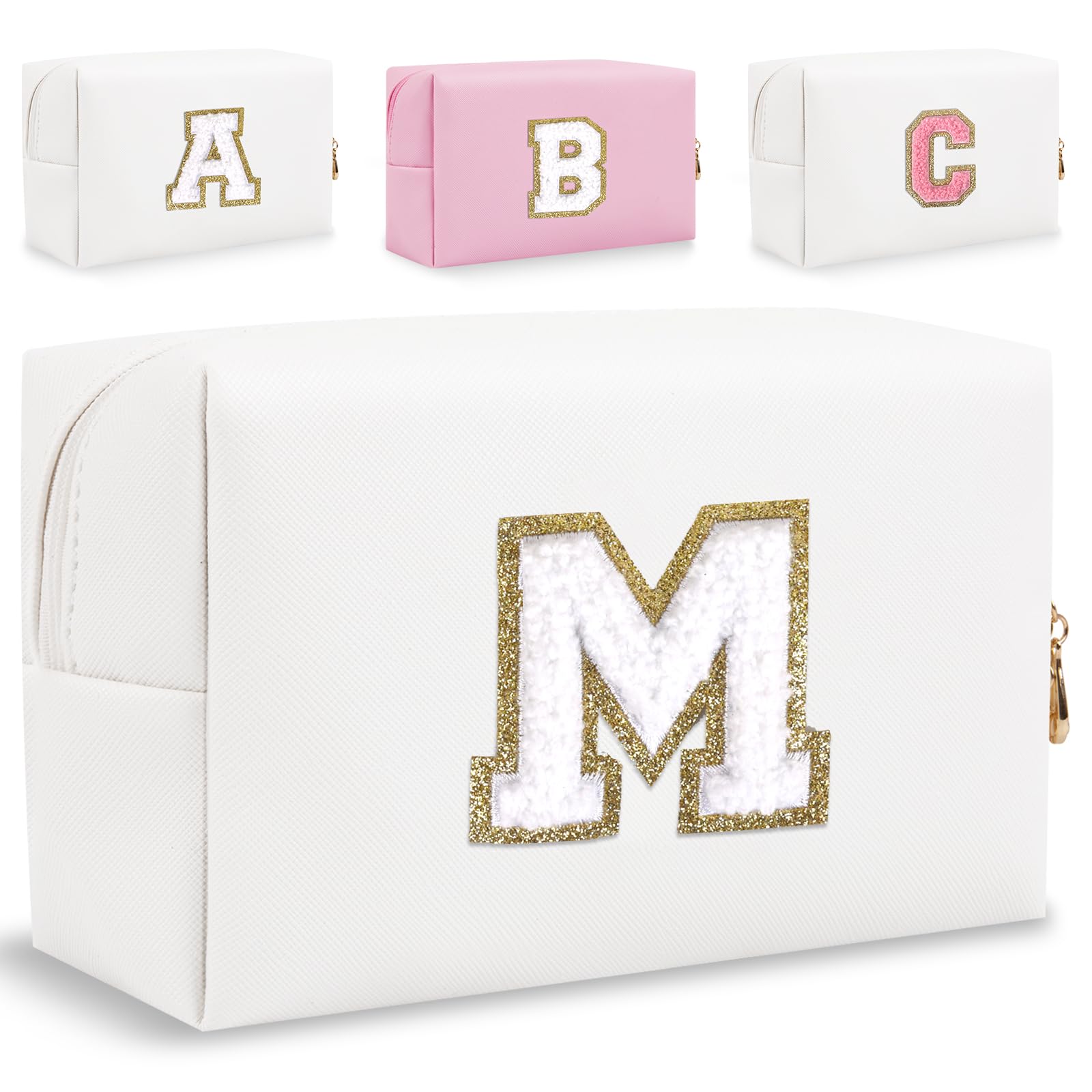 HENGNI Small Personalized Letter Makeup Bag, Cute PU Leather Chenille Letters Cosmetic Bag Travel Makeup Pouch, Preppy Travel Organizer Zipper Pouch for Women&Girls(White-M)