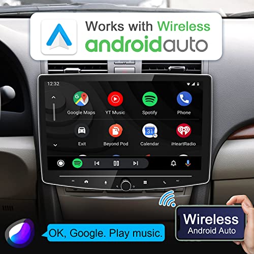 10 Inch Single Din Touchscreen Car Stereo with Wireless Carplay & Wireless Android Auto, Adjustable Android Car Radio with Live Rearview Backup Camera, Bluetooth AM/FM WiFi, GPS Navigation, 2+32G