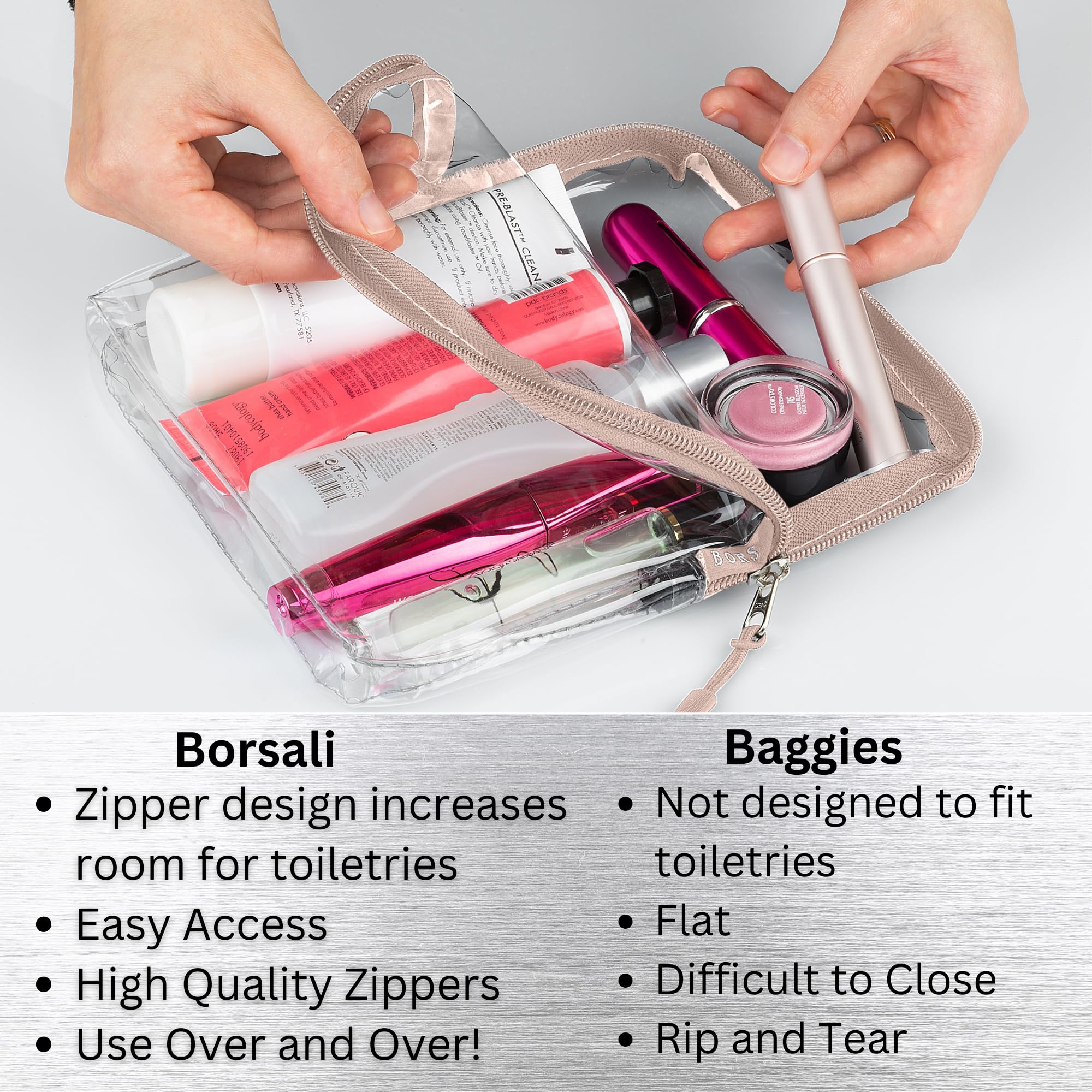 BORSALI Travel Bottles for Toiletries, TSA Approved 3 oz Travel Size Containers for Liquids, Flat Refillable Empty Squeeze Pouches for Shampoo & Conditioner, 18 Piece Set with TSA Approved Bag - Taupe