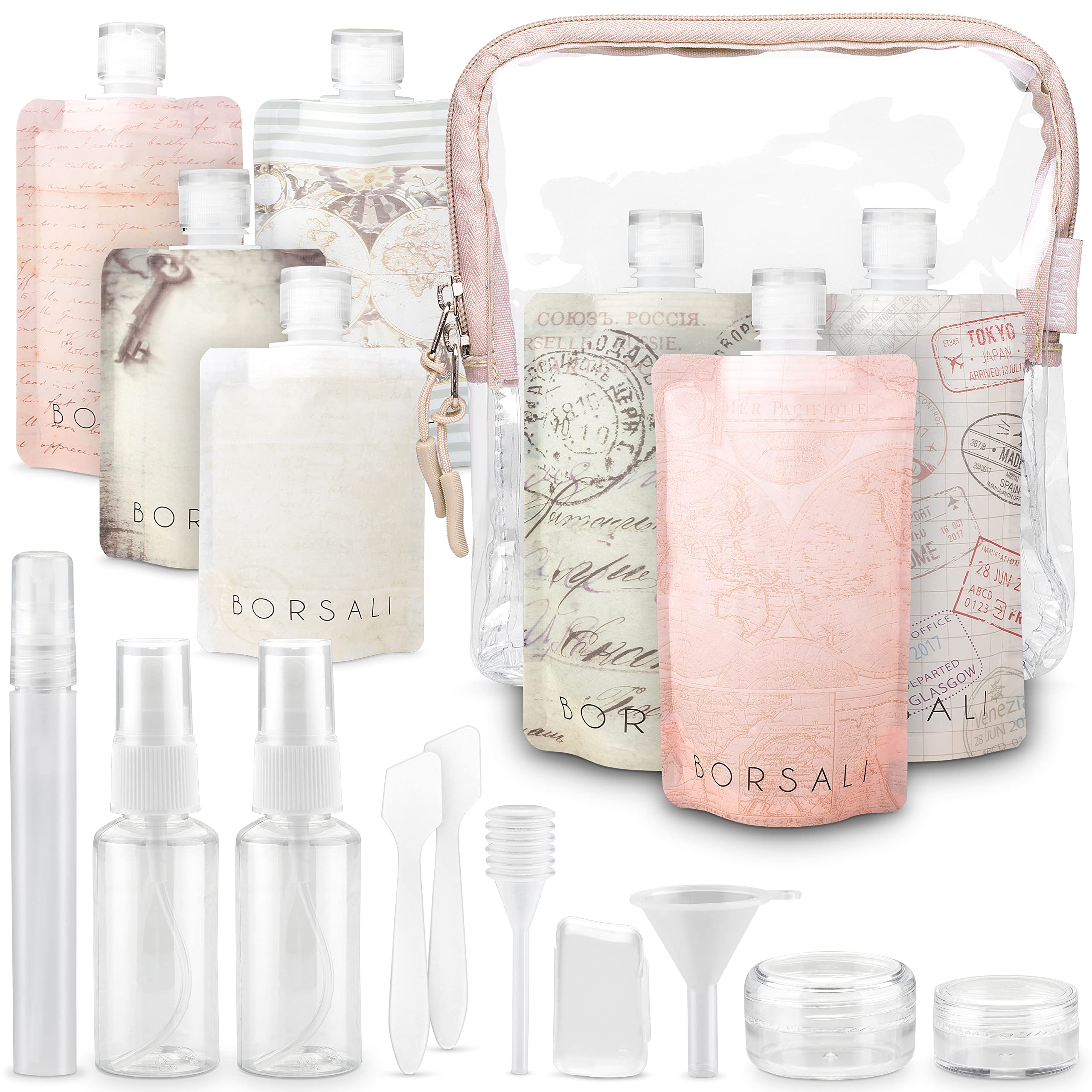 BORSALI Travel Bottles for Toiletries, TSA Approved 3 oz Travel Size Containers for Liquids, Flat Refillable Empty Squeeze Pouches for Shampoo & Conditioner, 18 Piece Set with TSA Approved Bag - Taupe