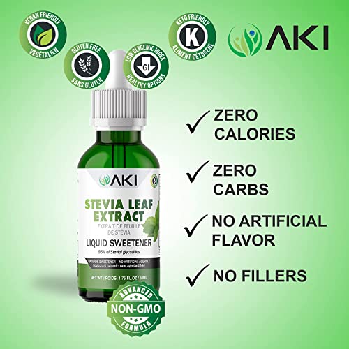 AKI Liquid Stevia Drops Sweetener (1.75 fl oz / 50 ml) Ideal for Coffee, Tea, Iced tea, Lemonade, Frostings, Smoothie, other Beverages or Yogurt | NON-GMO, Sugar-Free | Pack of 1
