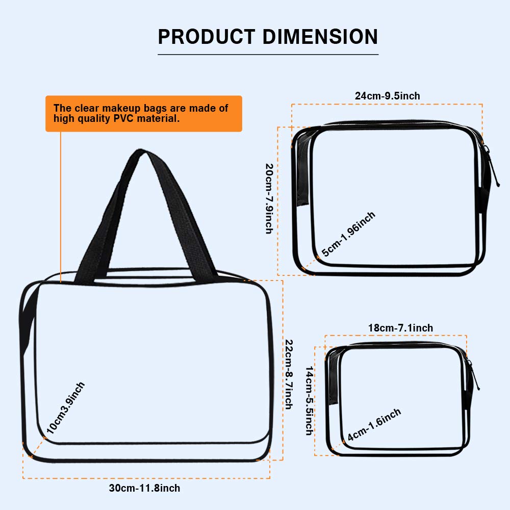 SYIDINZN Cosmetic Bag 3 Pack Clear Travel Toiletry Bag Set with Zipper Make-up Pouch Handle Straps | Waterproof Packing Organizer Storage Diaper Pencil Bags (Black)