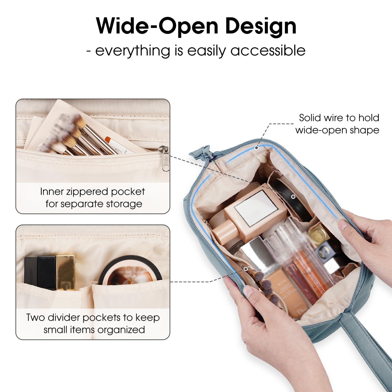 Narwey Wide-open Makeup Bag Women Make up Bag Travel Cosmetic Bag Organizer Toiletry Bag for Cosmetics Toiletries Accessories (Greyish Blue)