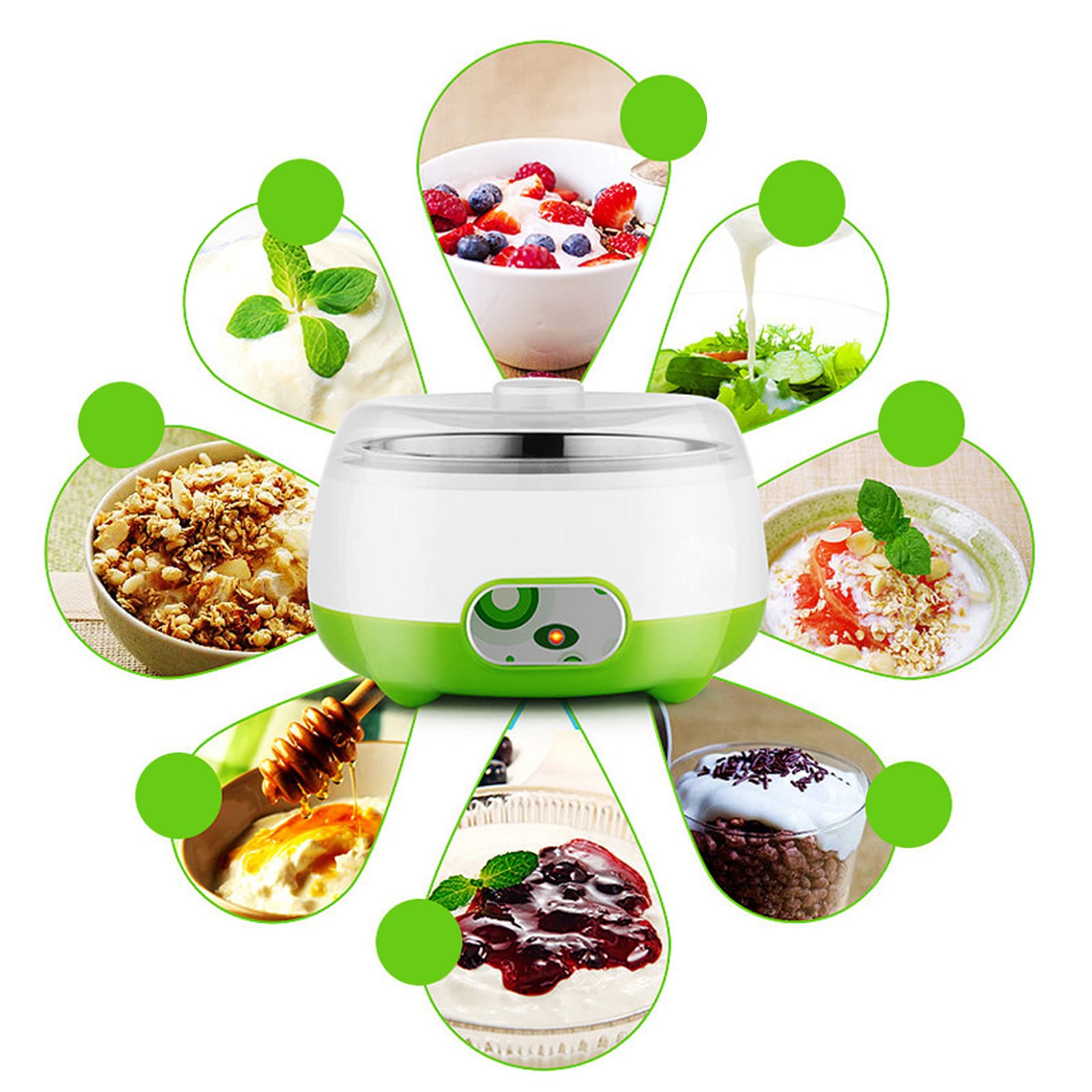 DENESTUS 1L Automatic Yogurt Maker with Stainless Steel Inner Pot for Home Organic Yogurt, Cheese Maker, Fruit Wine Maker （Green 110V）
