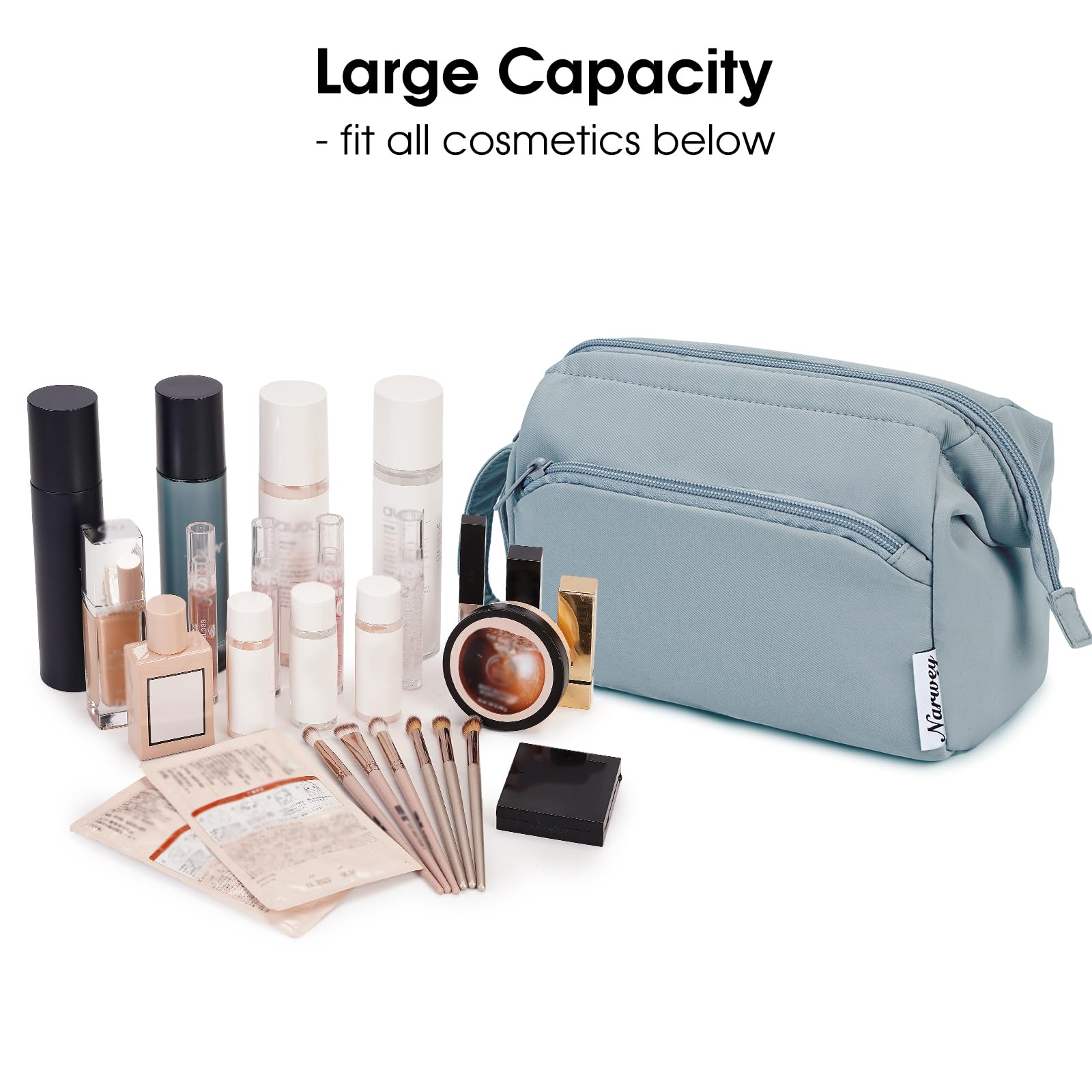 Narwey Wide-open Makeup Bag Women Make up Bag Travel Cosmetic Bag Organizer Toiletry Bag for Cosmetics Toiletries Accessories (Greyish Blue)