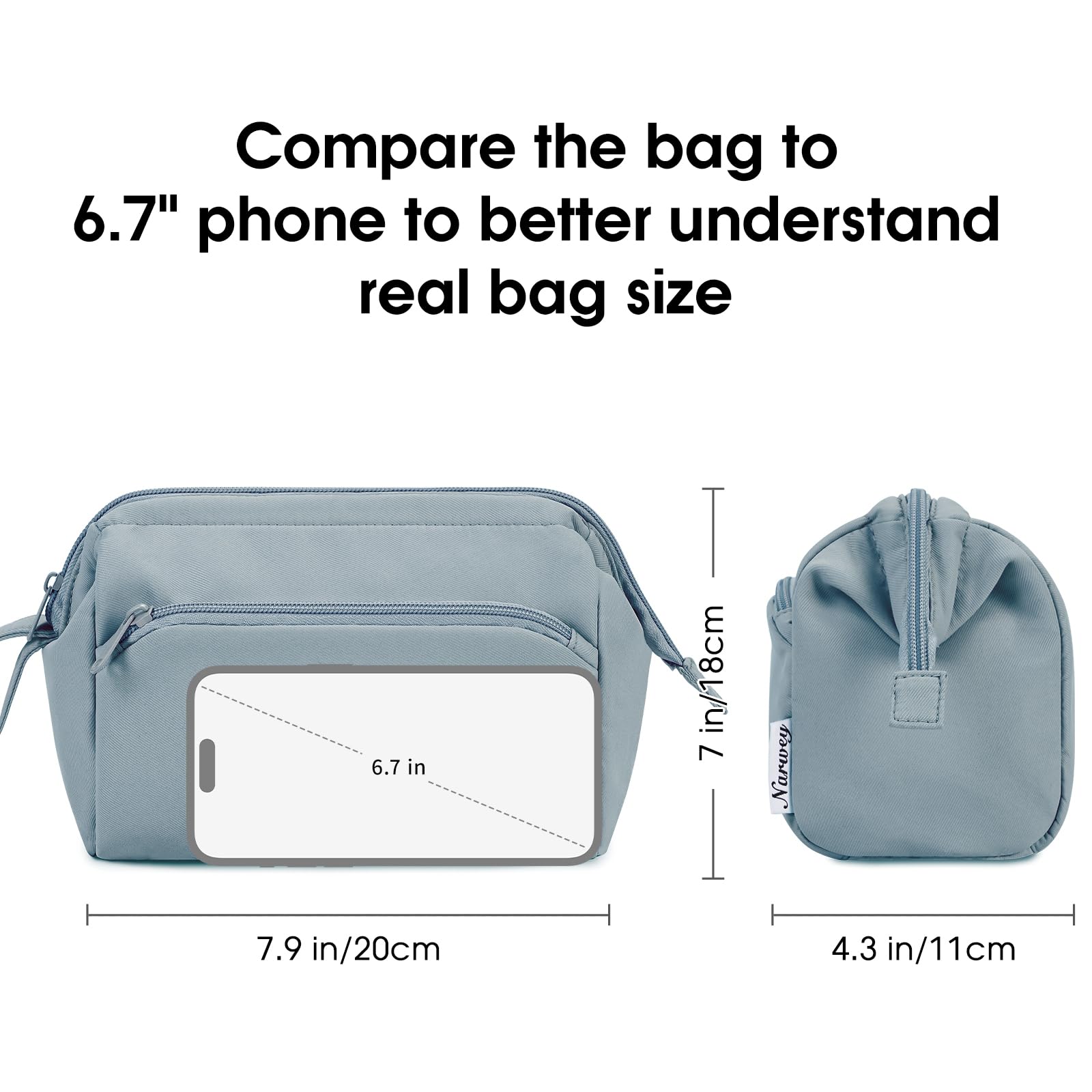 Narwey Wide-open Makeup Bag Women Make up Bag Travel Cosmetic Bag Organizer Toiletry Bag for Cosmetics Toiletries Accessories (Greyish Blue)