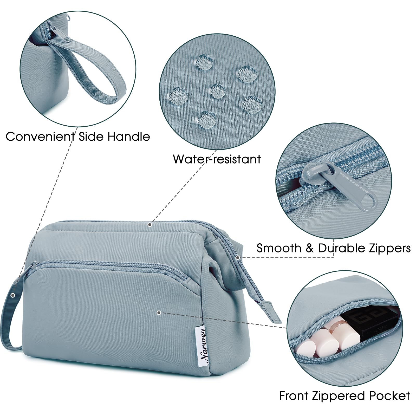 Narwey Wide-open Makeup Bag Women Make up Bag Travel Cosmetic Bag Organizer Toiletry Bag for Cosmetics Toiletries Accessories (Greyish Blue)