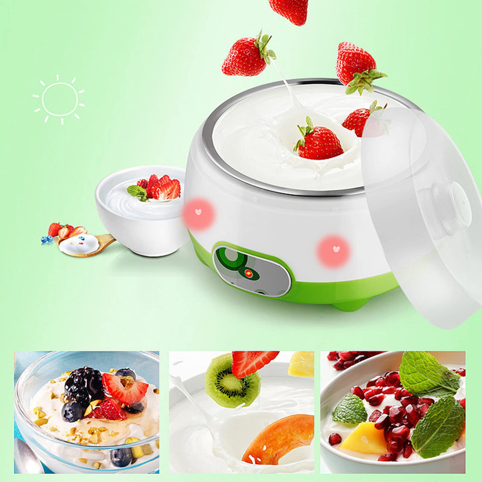 DENESTUS 1L Automatic Yogurt Maker with Stainless Steel Inner Pot for Home Organic Yogurt, Cheese Maker, Fruit Wine Maker （Green 110V）