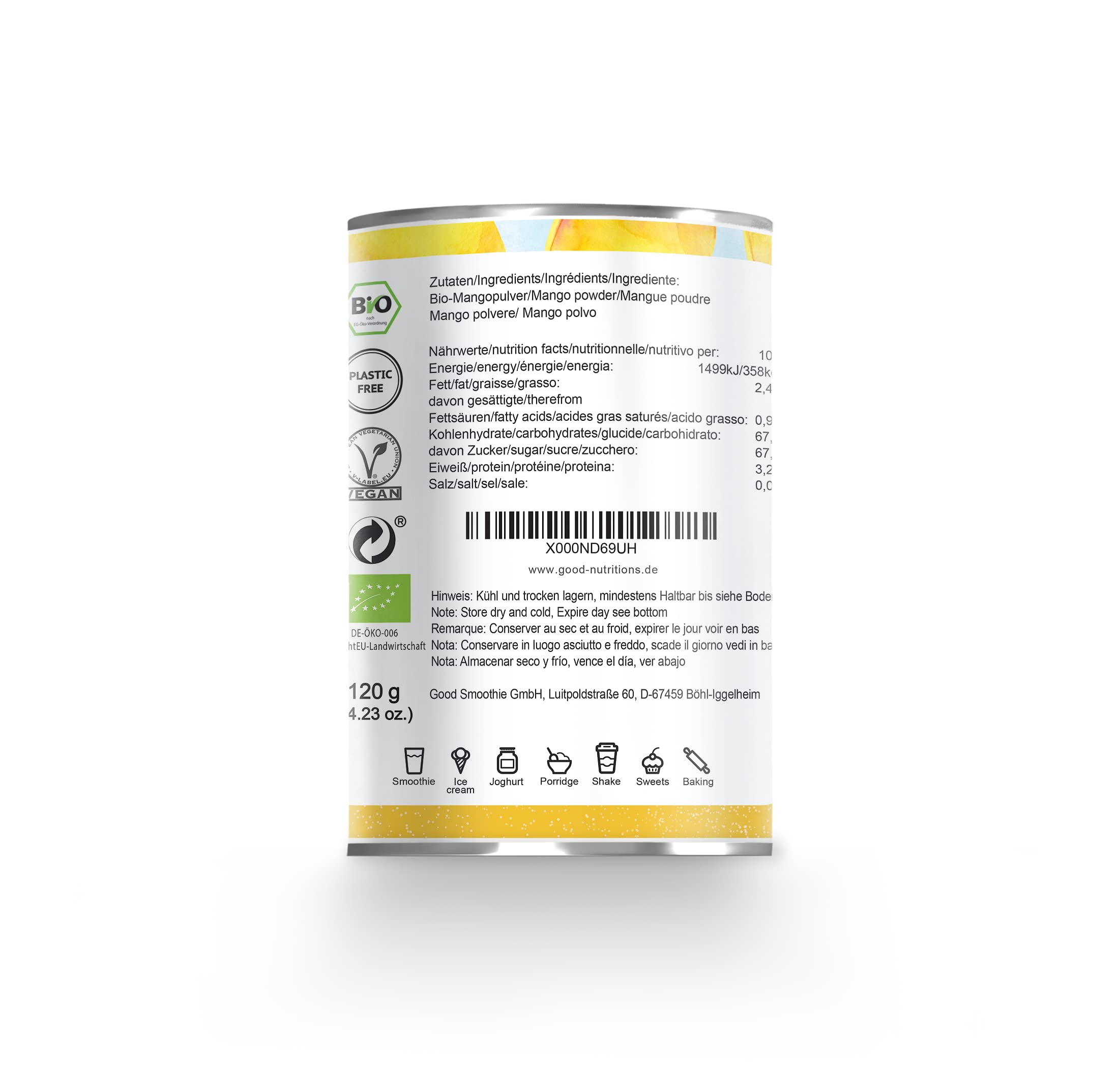 Good Nutritions® Mango Powder – freeze-dried| Organic | Vegan| without additives| Smoothie, Smoothie Bowl, Yogurt, Dessert, Granola, 4.23 Oz (120g)