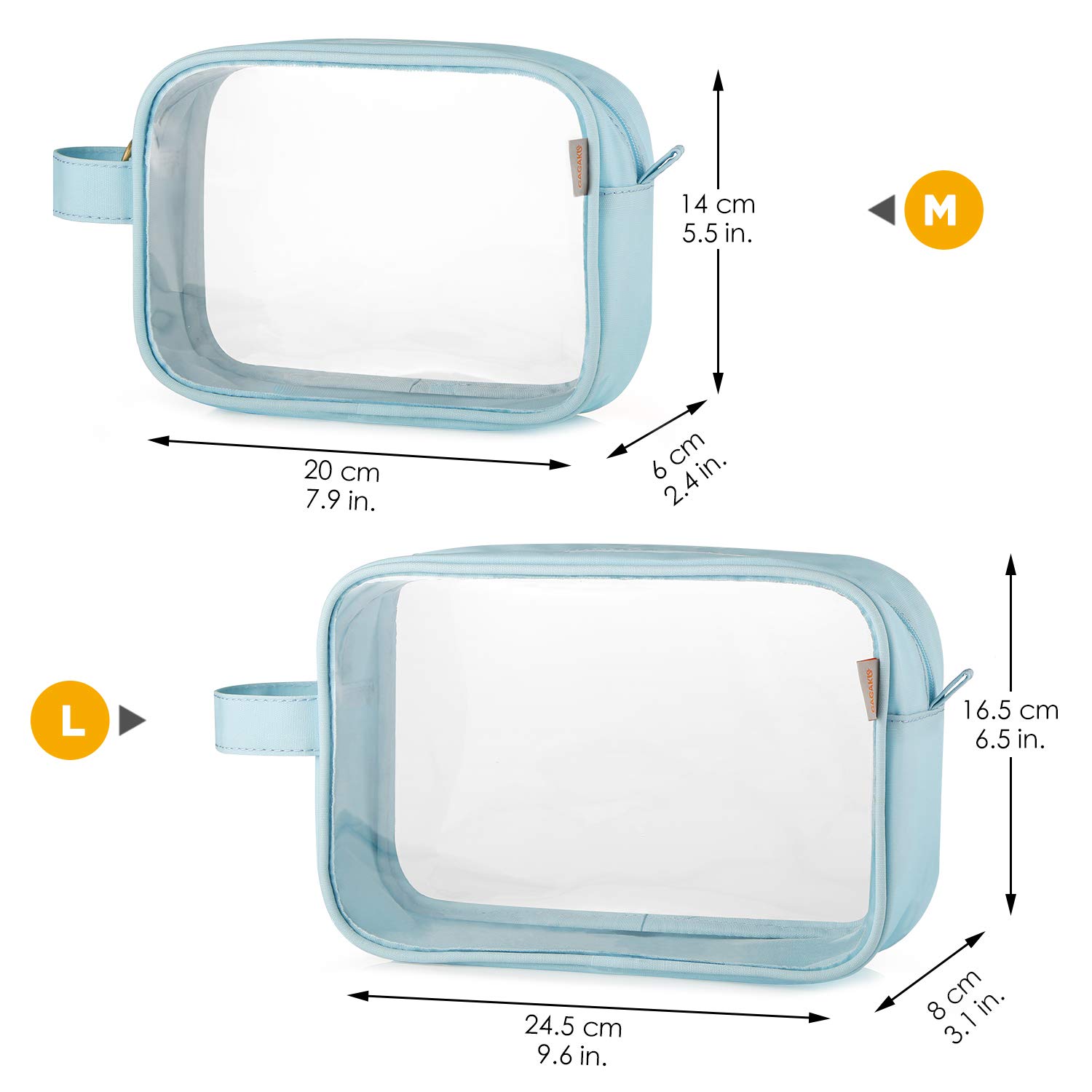 GAGAKU 2pcs Clear Toiletry Bag TSA Approved Travel Toiletry Bags Liquid Bag with Handle Strap, Waterproof Transparent Makeup Cosmetic Bags for Women - Light Blue