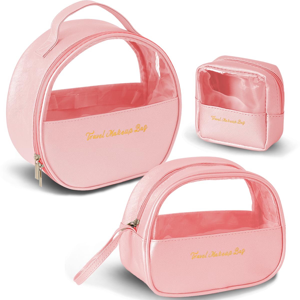 ZIOSINM Makeup Bag set, 3 Pieces Travel Make up Bag with Large Capacity, Clear & Waterproof Cosmetic Bags, Wash Bags Toiletry Bags for Travel (pink)