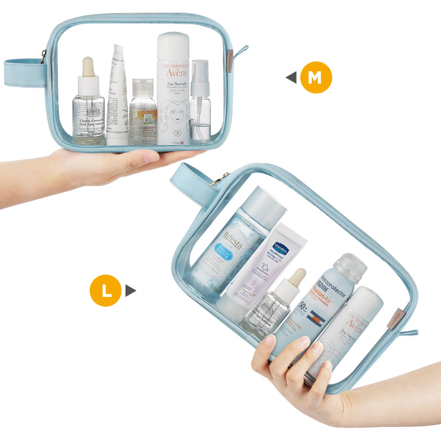 GAGAKU 2pcs Clear Toiletry Bag TSA Approved Travel Toiletry Bags Liquid Bag with Handle Strap, Waterproof Transparent Makeup Cosmetic Bags for Women - Light Blue