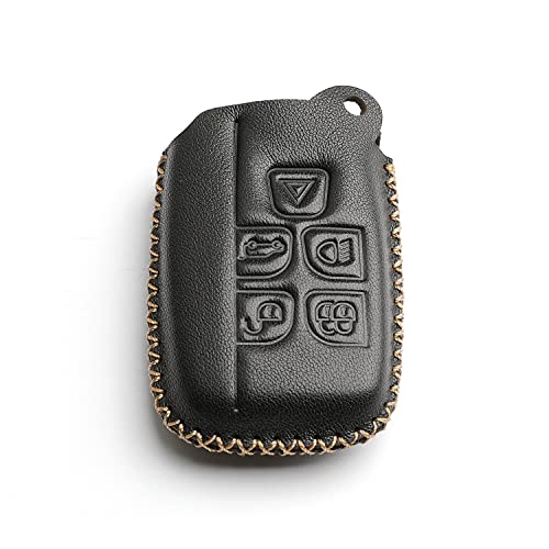 WFMJ Leather for Land Rover Range Rover Sport LR2 LR4 Evoque Jaguar XF XJ XJL XE Remote Smart 5 Buttons Key Fob Case Cover Chain Keychain (Black)