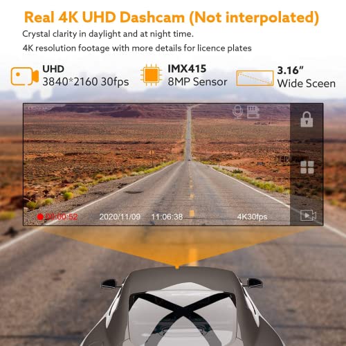 Blueskysea 4K Dash Cam, 3840x2160P Ultra HD Car Dash Camera w/ WiFi, GPS, 8MP Sensor, 3.16" Wide Screen, Night Vision, Wide Angle, Buffered Parking Mode, Motion Detection, G-Sensorā¦