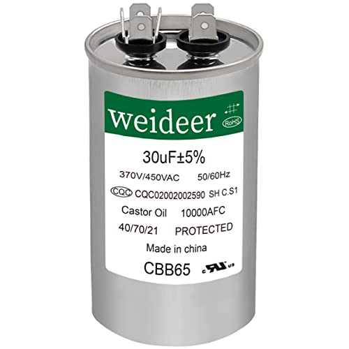 weideer 30uF MFD 370/450 VAC CBB65 Capacitor 50/60 Hz for Condenser Straight Cool or Heat Pump Air Conditioner or AC Motor Run and Fan Starting
