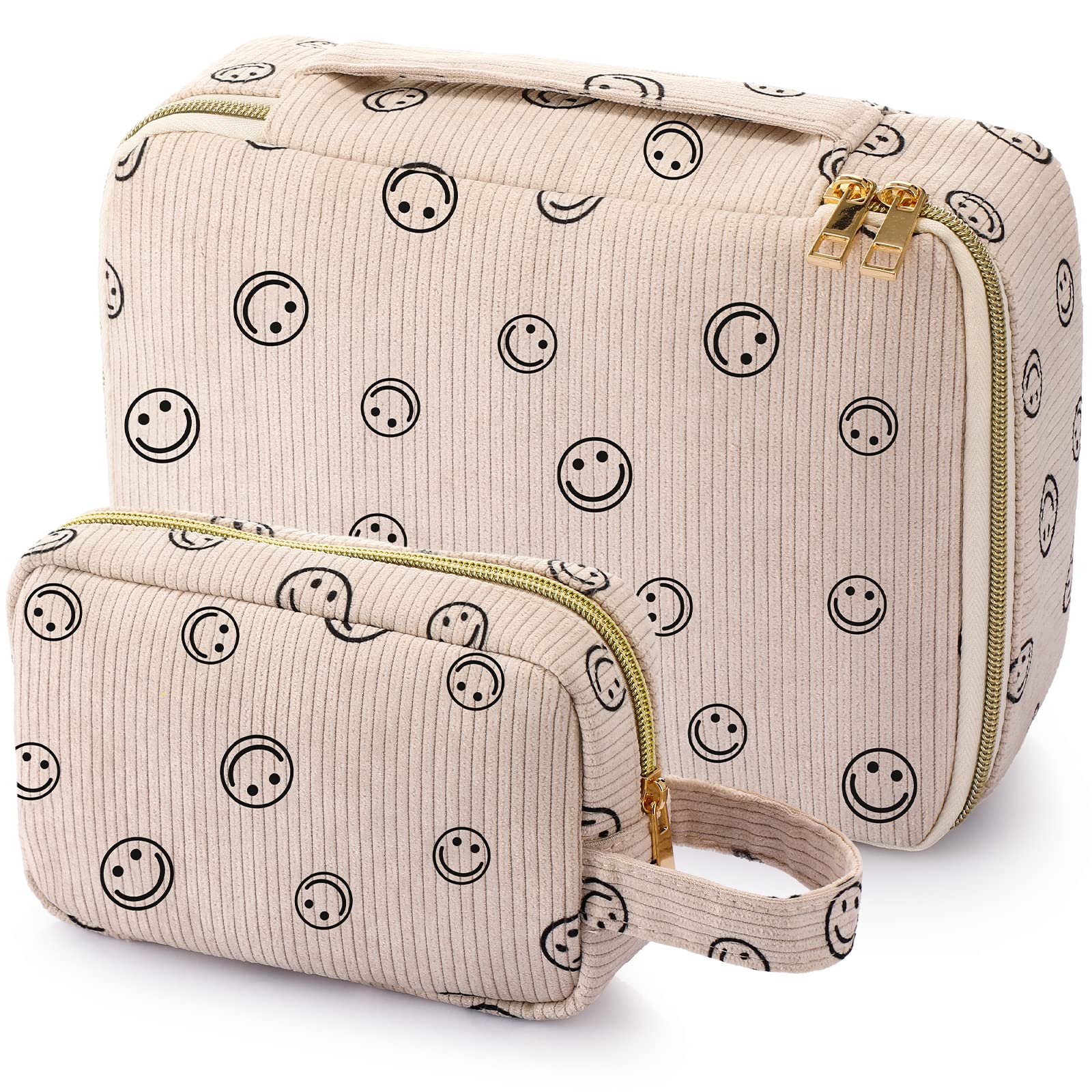 Sanwuta 2 Pcs Corduroy Cosmetic Bag Set Travel Toiletry Bag Smile Face Makeup Pouch Portable Cosmetic Pouch Smile Dots Bags Multifunction Organizer Washable Skincare Bag for Women, 2 sizes