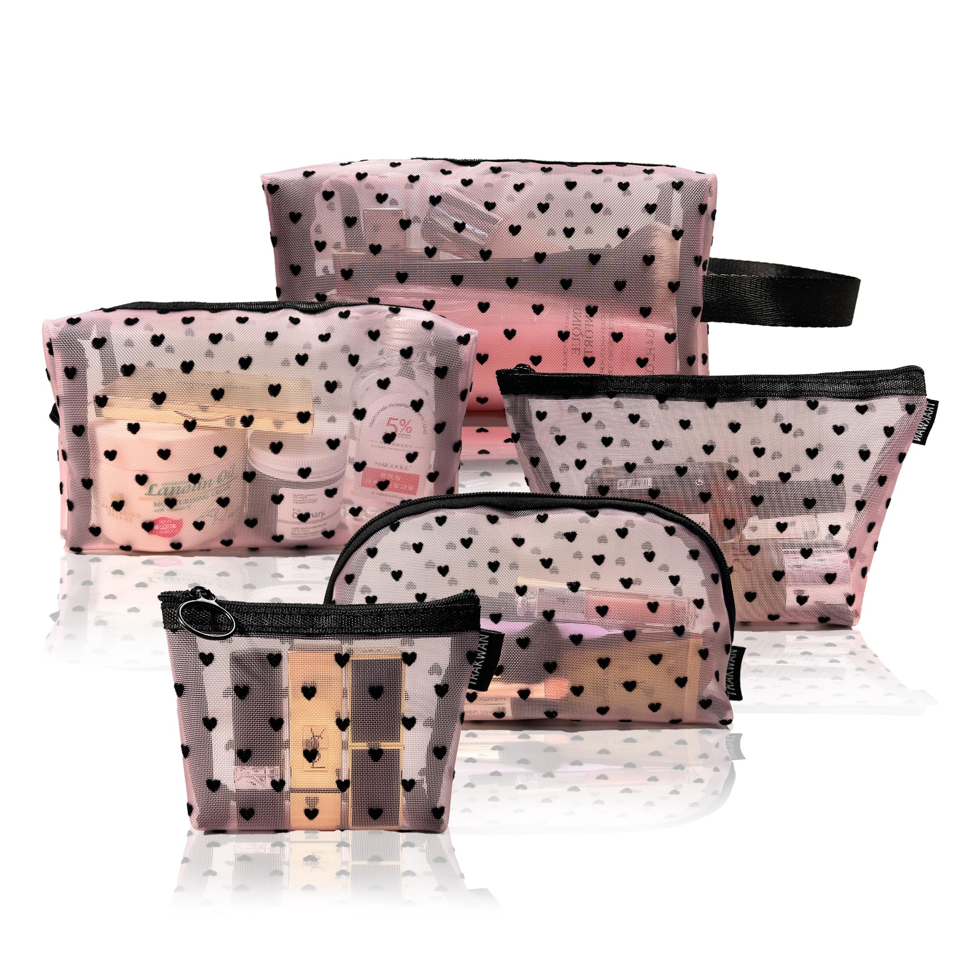 TRAKWAN 5 Pieces Mesh Heart Makeup Bags Sets, Zipper Mesh Cosmetic Bag Toiletry Bag, Travel Makeup Bags for Women, Small Items Storage Organizer Bags for Home Office Travel (Pink)