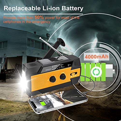 2022 Newest Emergency Crank Radio,4000mAh-Solar Hand Crank Portable AM/FM/NOAA Weather Radio with 1W Flashlight & Motion Sensor Reading Lamp,Cell Phone Charger,SOS Alarm for Home and Emergency(Orange)