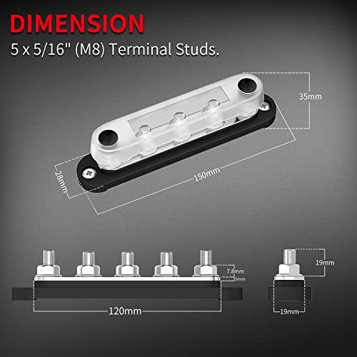 DaierTek 12V Power Distribution Block 5 x 5/16" (M8) Terminal Studs 12V Bus Bar with Cover Max 300V AC 48V DC Positive & Negative Battery Distribution Block for Automotive Car Boat