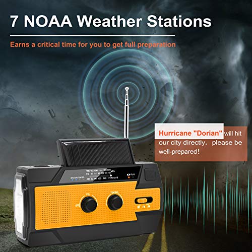2022 Newest Emergency Crank Radio,4000mAh-Solar Hand Crank Portable AM/FM/NOAA Weather Radio with 1W Flashlight & Motion Sensor Reading Lamp,Cell Phone Charger,SOS Alarm for Home and Emergency(Orange)