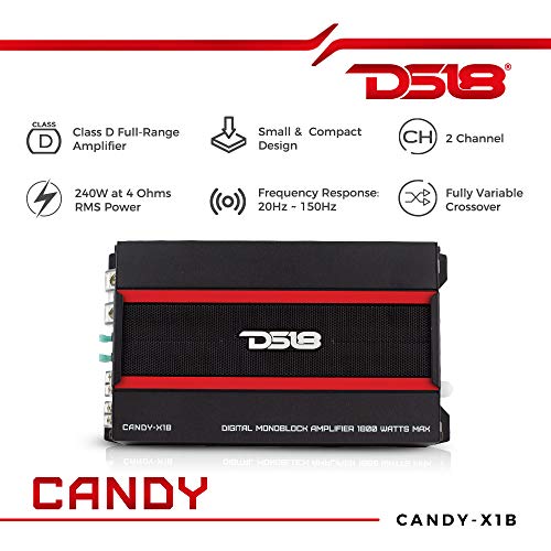 DS18 CANDY-X1B Amplifier in Black - Class D, Monoblock, 1800 Watts Max, Digital, 1/2/4 Ohm, with Remote Subwoofer Level Controller - Compact Amplifier for Speakers in Car Audio System