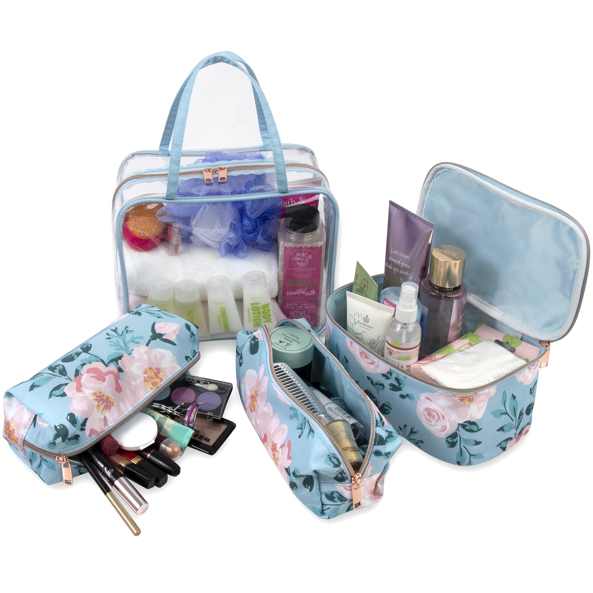 Emma & Chloe 4 Piece Toiletry Bag Set, Waterproof Home, Travel Cosmetic Train Case Makeup Bags for Women with Handle, Zipper – 4 Makeup Bags Set (Floral Florish)