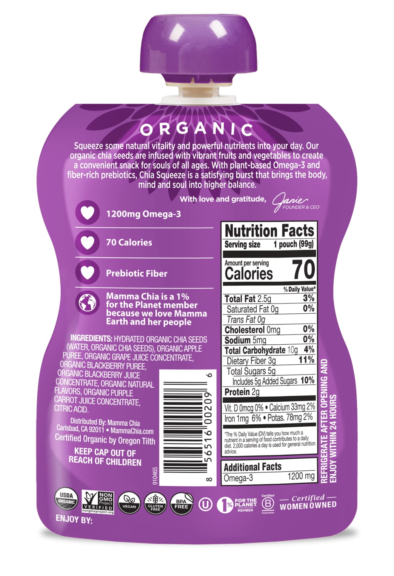 Mamma Chia Blackberry Bliss Organic Squeeze Snack, Non GMO, Gluten Free, 3.5 Ounces (Pack Of 16)