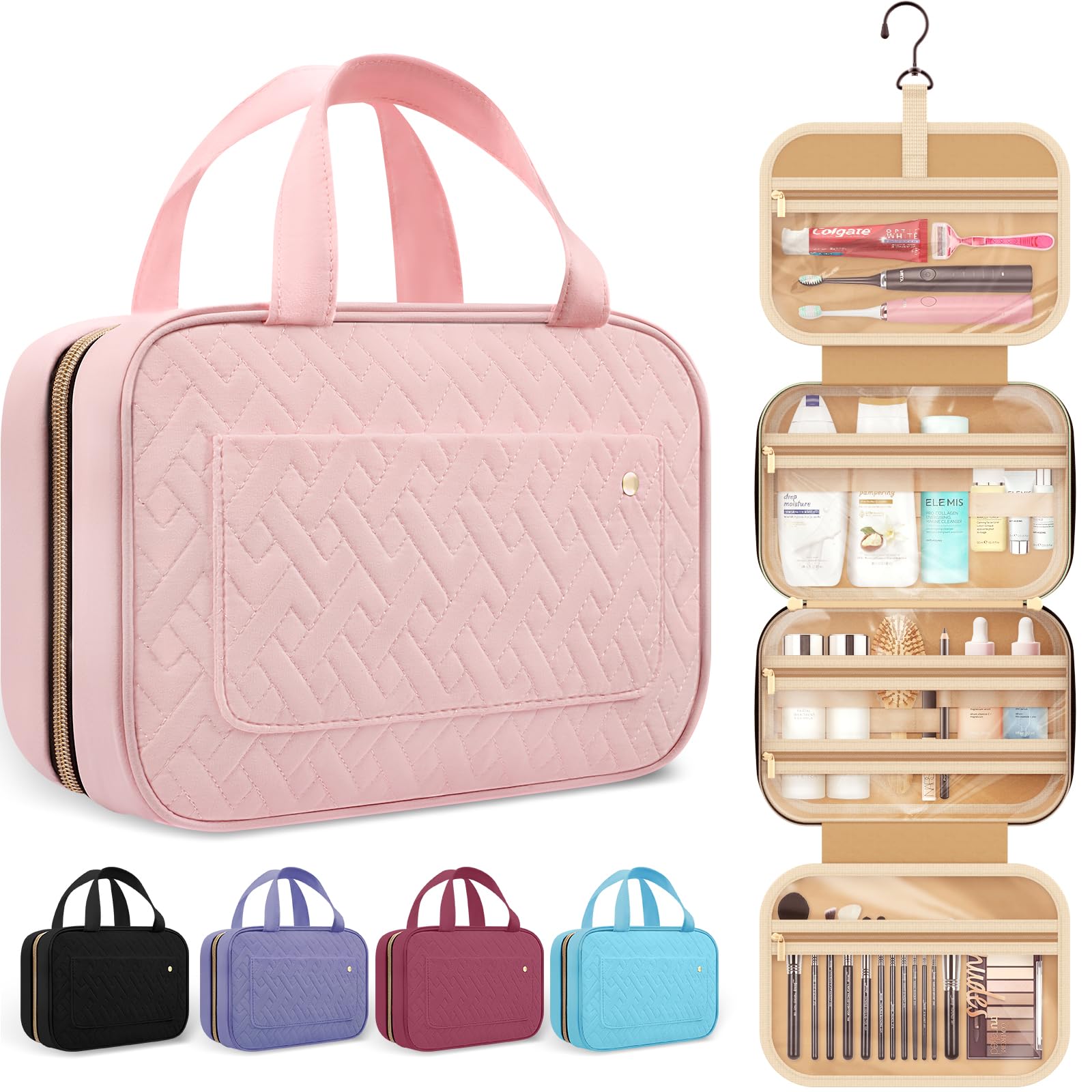 HOTOR Travel Toiletry Bag for Women with Hanging Hook - Portable Cosmetic Case, Toiletry Bag for Traveling Women, Waterproof Travel Essentials, Pink