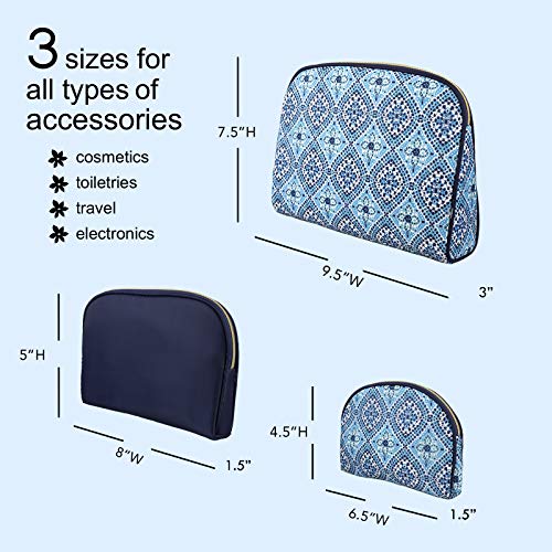 Once Upon a Rose 3 Pc Cosmetic Bag Set, Purse Size Makeup Bag for Women, Toiletry Travel Bag, Makeup Organizer, Cosmetic Bag for Girls Zippered Pouch Set, Large, Medium, Small (Navy & Blue)