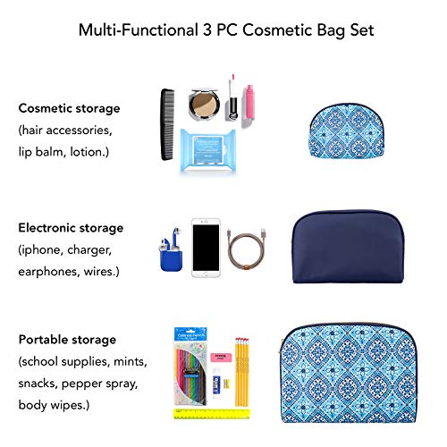 Once Upon a Rose 3 Pc Cosmetic Bag Set, Purse Size Makeup Bag for Women, Toiletry Travel Bag, Makeup Organizer, Cosmetic Bag for Girls Zippered Pouch Set, Large, Medium, Small (Navy & Blue)