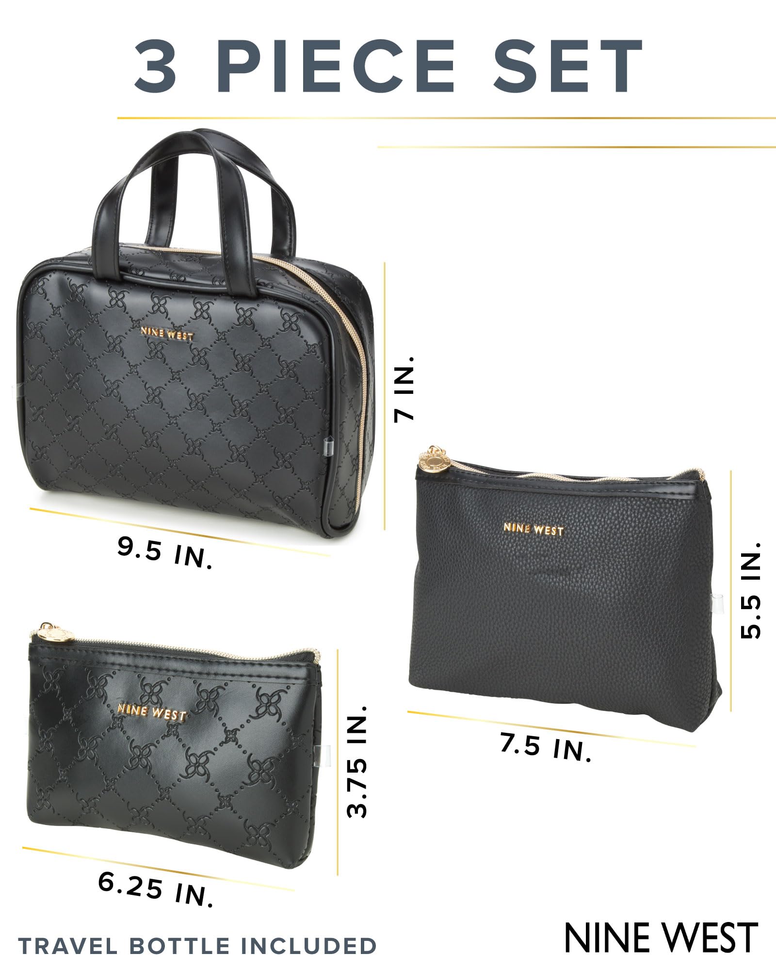 Nine West Women's Toiletries Bag - Travel Makeup and Toiletries Matching Accessories Set - Makeup Organizer Case Set, Size One Size, Black