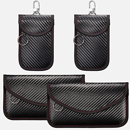 4 Pack Faraday Bags for Key Fob Cell Phone Faraday Cage Protector Anti Theft Key Case Keyless Signal Blocking Key Pouch Remote Entry car RFID Blocker, 2 Sizes(Black, Red,Carbon Fiber Textured)