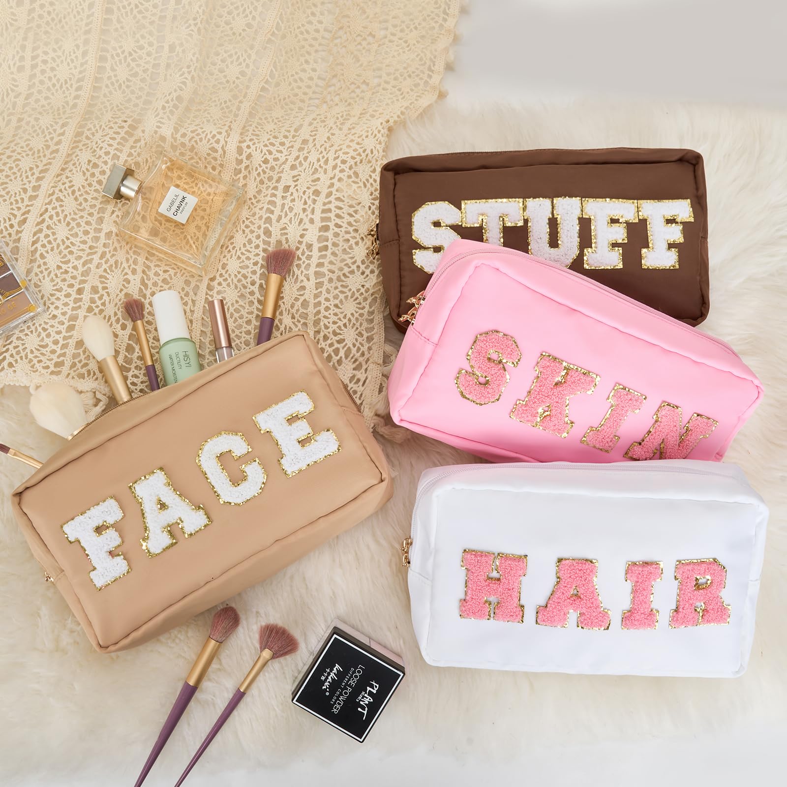 Burskit Preppy Makeup Bags Stoney Clover 4 Pcs Travel Organizer Patch Bag Large Varsity Chenille Letter Cosmetic Toiletry Preppy Stuff Cute Bags Portable Pouch Storage Purse Bag Set