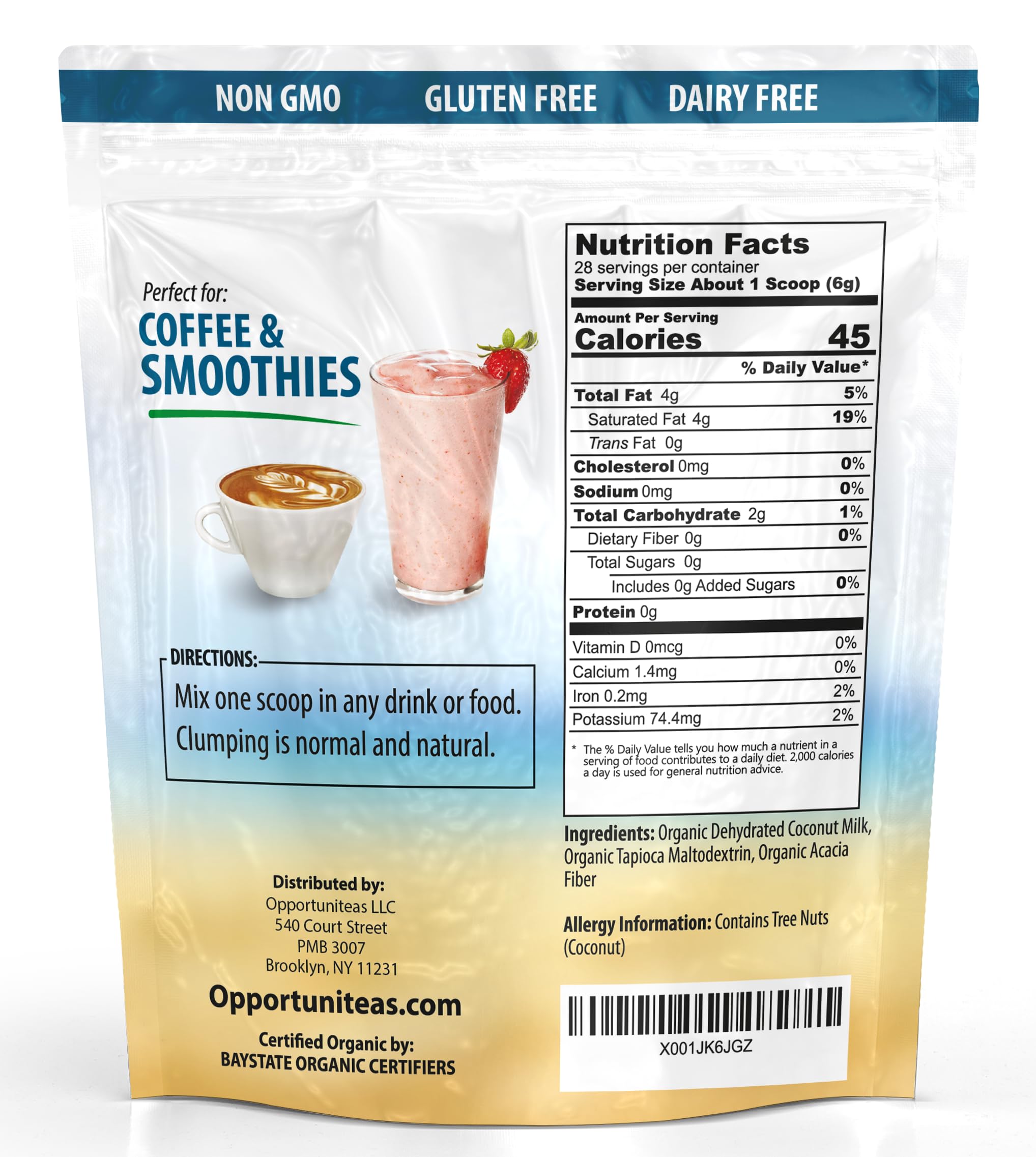 Opportuniteas Coconut Milk Powder - Non Dairy Vegan Creamer For Coffee, Tea, Smoothies, Yogurt & Cooking - Full Fat & Unsweetened For Keto & Paleo Diet - Dried & Powdered at a Low Temperature