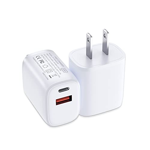 USB C Wall Charger Block 20W, 2-Pack Dual Port Power Delivery USB-C USB A Fast Charging Block, PD & QC 3.0 Type C Adapter for iPhone 14/13/12/11/Pro Max, iPad Pro, AirPods Pro, Samsung & More (White)