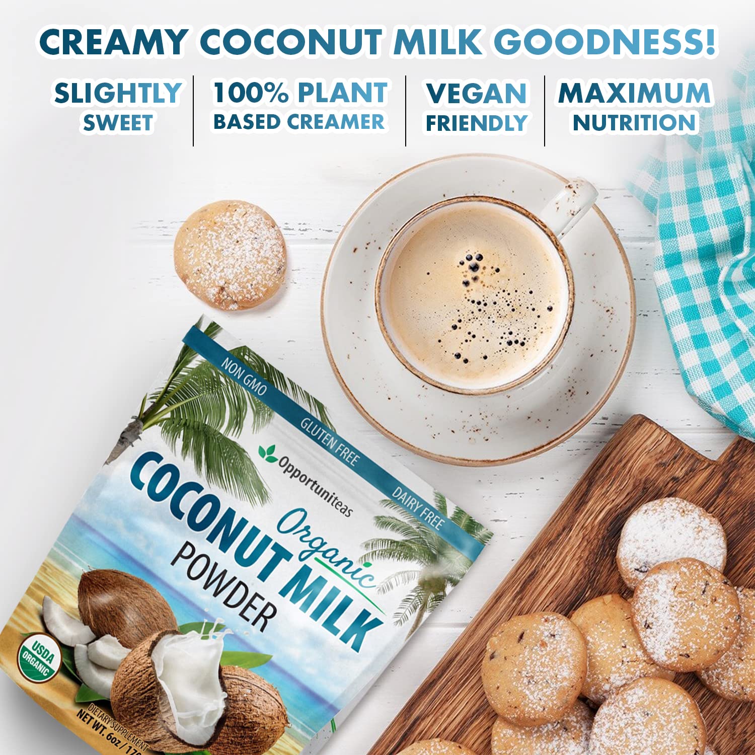Opportuniteas Coconut Milk Powder - Non Dairy Vegan Creamer For Coffee, Tea, Smoothies, Yogurt & Cooking - Full Fat & Unsweetened For Keto & Paleo Diet - Dried & Powdered at a Low Temperature