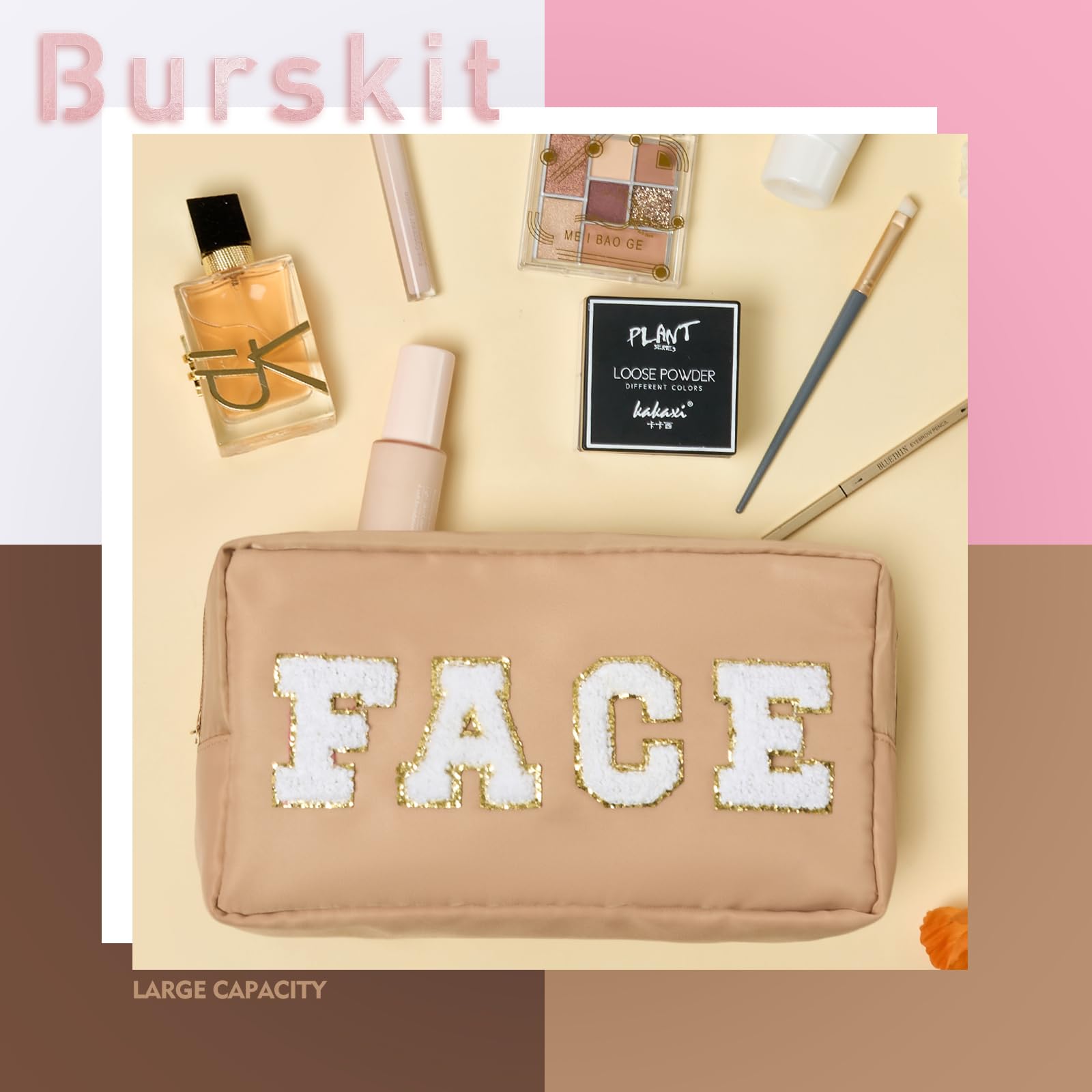 Burskit Preppy Makeup Bags Stoney Clover 4 Pcs Travel Organizer Patch Bag Large Varsity Chenille Letter Cosmetic Toiletry Preppy Stuff Cute Bags Portable Pouch Storage Purse Bag Set