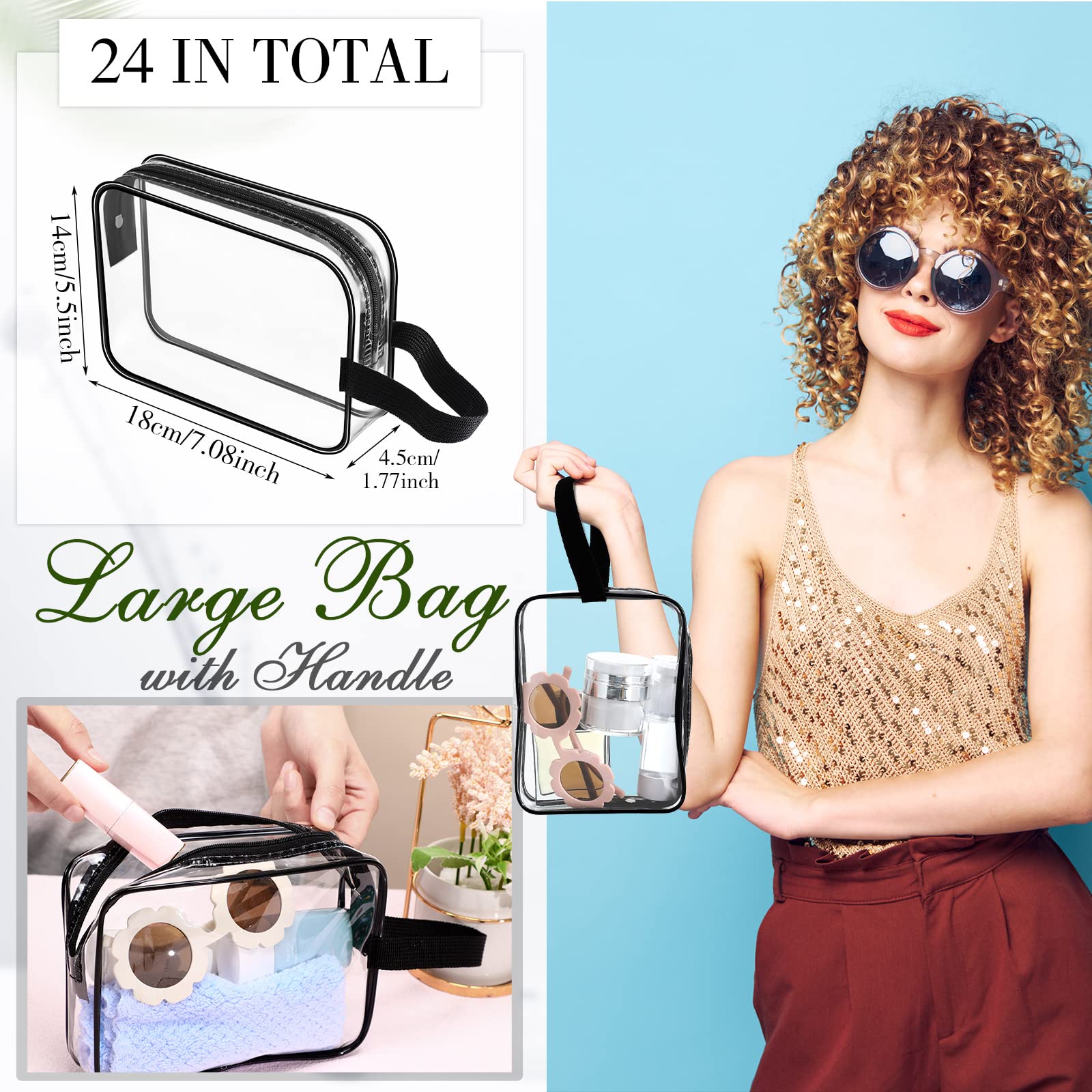 Silkfly 24 Pcs Clear Toiletry Bag PVC Travel Cosmetic Bag with Handle Strap Makeup Bag Vacation Valentine Salon Gift(Black)