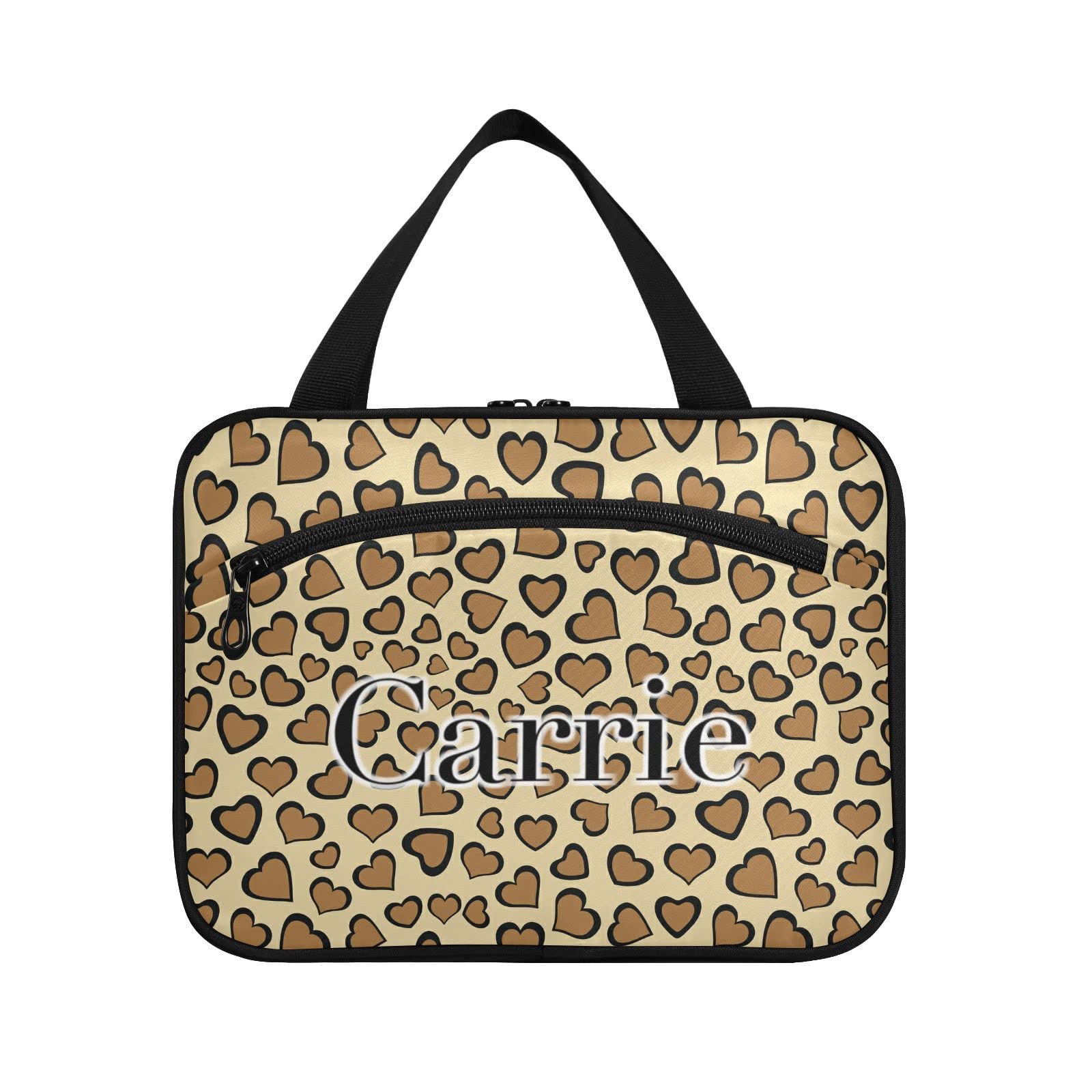 Vnurnrn Leopard Heart Personalized Large Travel Toiletry Bag for women Makeup Organizer Bag with Hanging Hook Shower Bag for Traveling Electric Shaver Brush