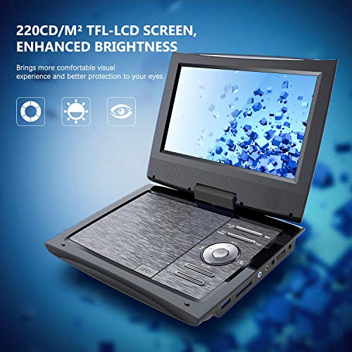 SUNPIN 11" Portable DVD Player for Car and Kids with 9.5 inch HD Swivel Screen, 5 Hour Rechargeable Battery, Dual Earphone Jack, Supports SD Card/USB/CD/DVD, with Extra Headrest Mount Case (Black)