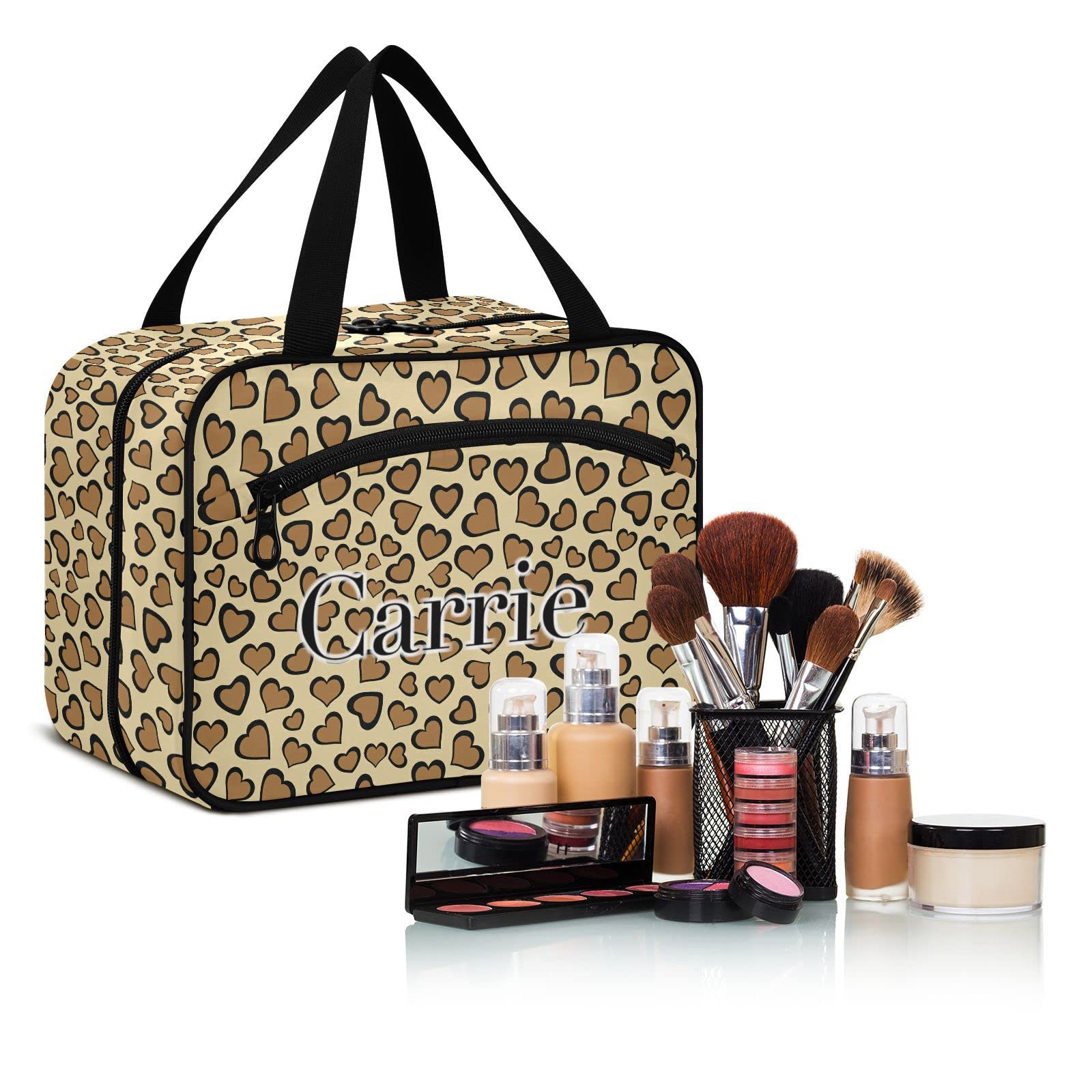Vnurnrn Leopard Heart Personalized Large Travel Toiletry Bag for women Makeup Organizer Bag with Hanging Hook Shower Bag for Traveling Electric Shaver Brush