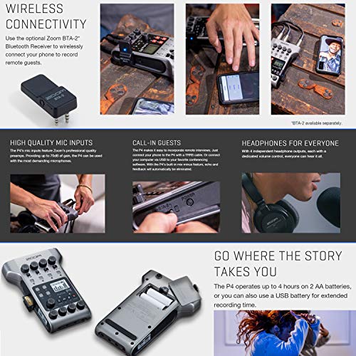 Zoom PodTrak P4 Portable Multitrack Podcast Recorder + 64GB Ultra SDXC Memory Card + 4X AA Batteries & Charger + Cleaning Cloth – Ultimate Podcasting Bundle